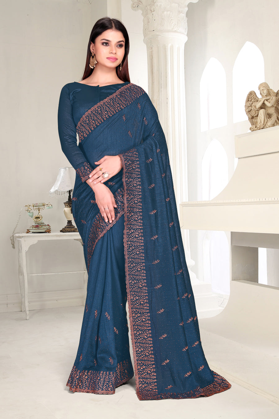 Vichitra Saree Rose Gold Zari - Elegant Border Work Festive Saree ...