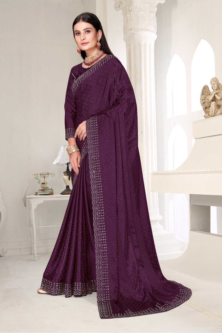 Elegant Sparkle Vichitra Saree - Swarovski Stone Work Party Saree ...