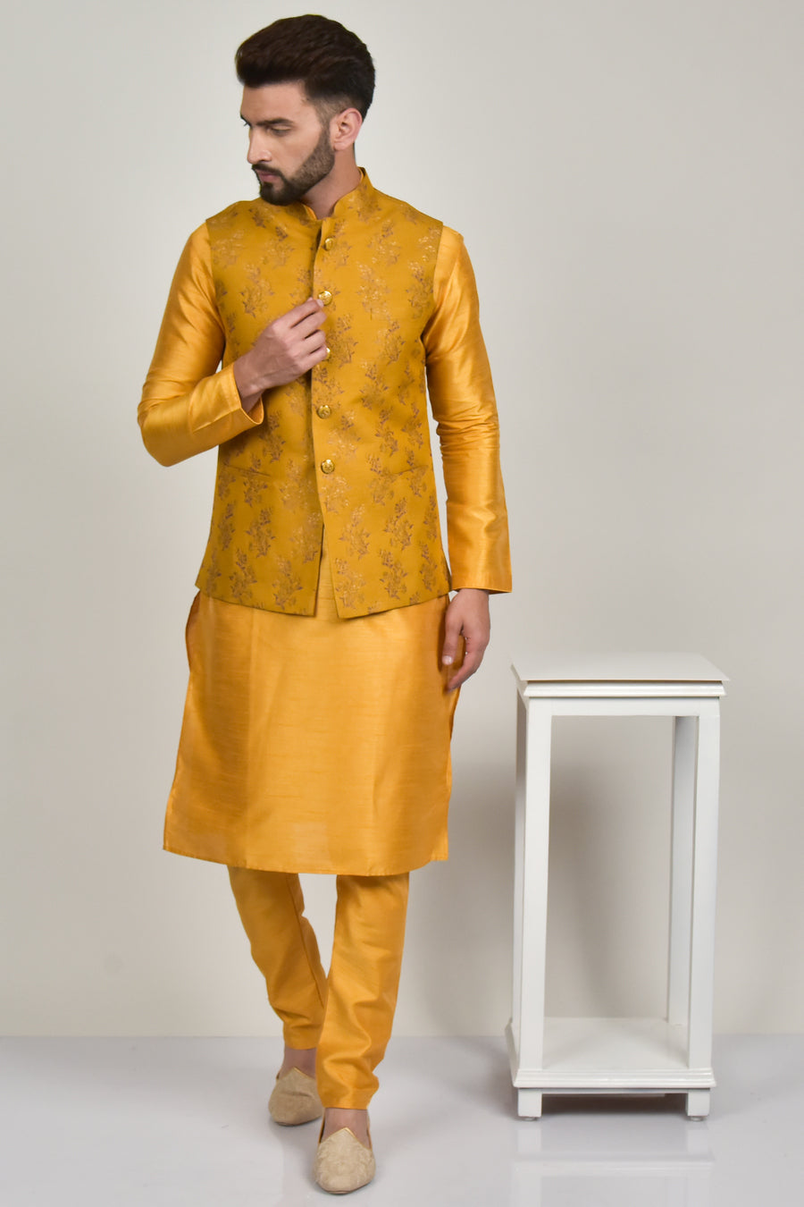 FBJK-25 Men’s | Mustard Floral Jacquard Waistcoat | Tailored Fit Stand