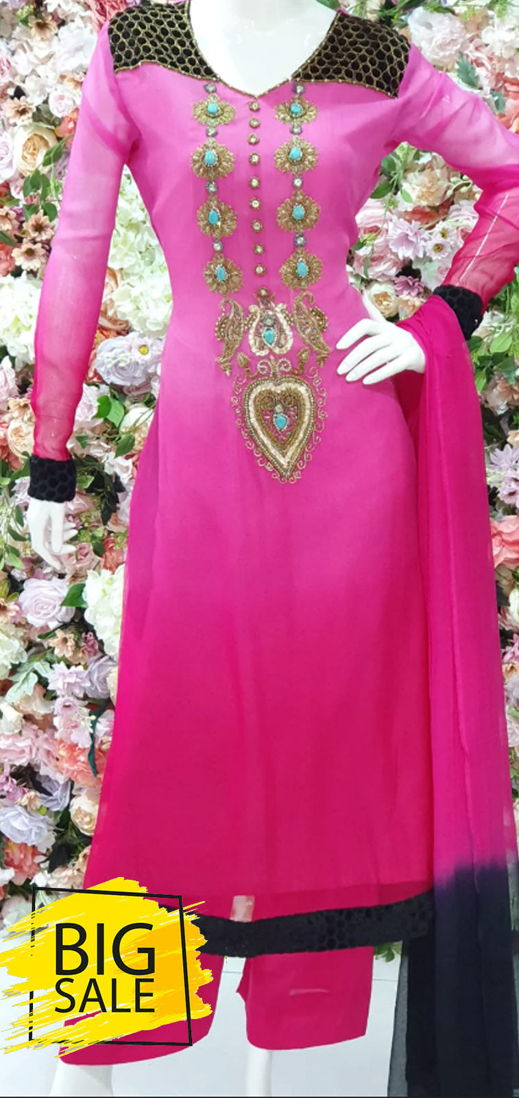 LS085 SHADED HOT PINK READYMADE PREMIUM CHIFON LONG LINE HAND EMBROIDE